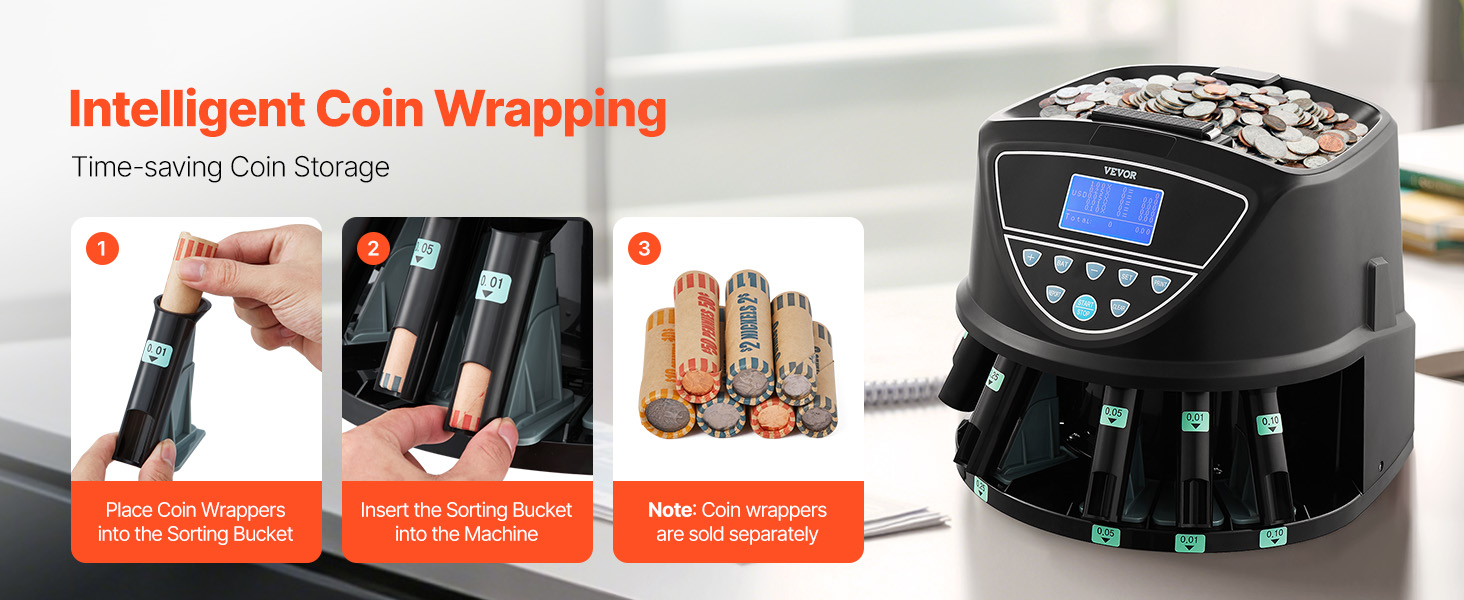 VEVOR Upgraded Coin Counter & Sorter, Coin Sorter and Wrapper Machine with Intuitive Display ...