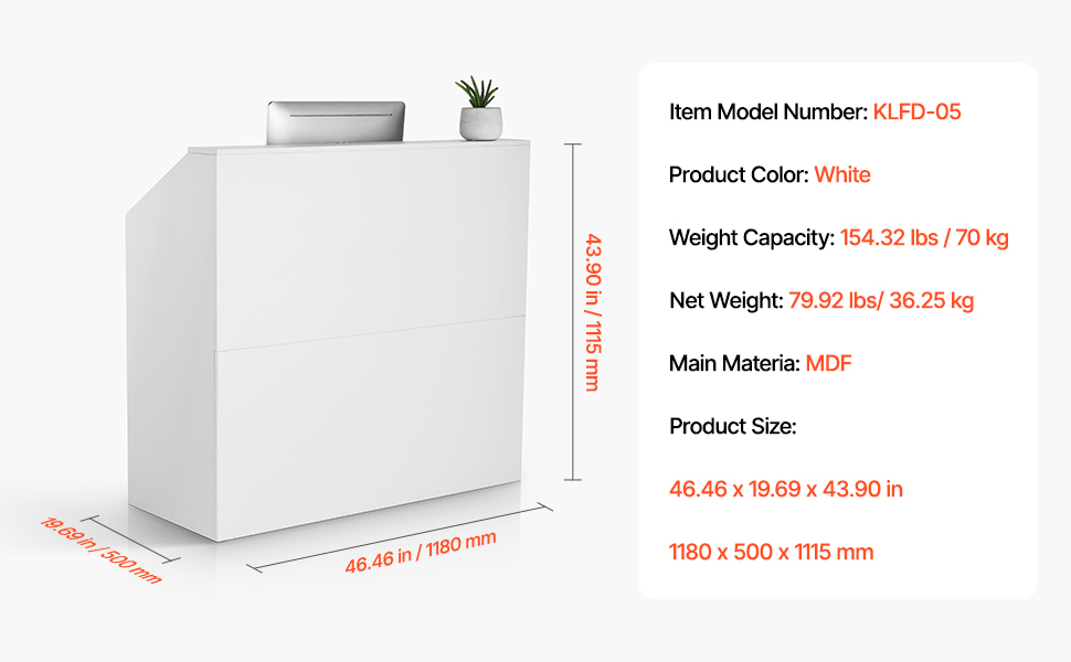 VEVOR Reception Desk Rectangular Front Counter Table 118 cm White ...