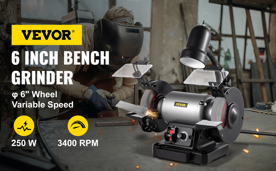 VEVOR 6 inch Bench Grinder, 250W 1/3 HP Motor, Variable-Speed Benchtop ...
