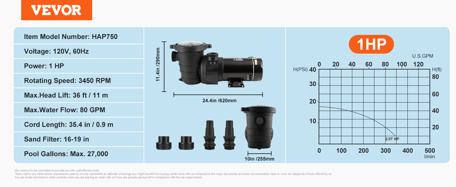 VEVOR Above Ground Pool Pump, 1HP, 80 GPM Max. Flow Single Speed ...