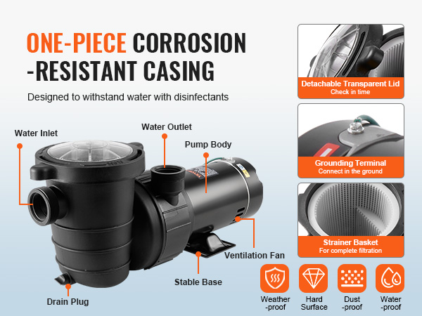 VEVOR Above Ground Pool Pump, 1HP, 80 GPM Max. Flow Single Speed ...