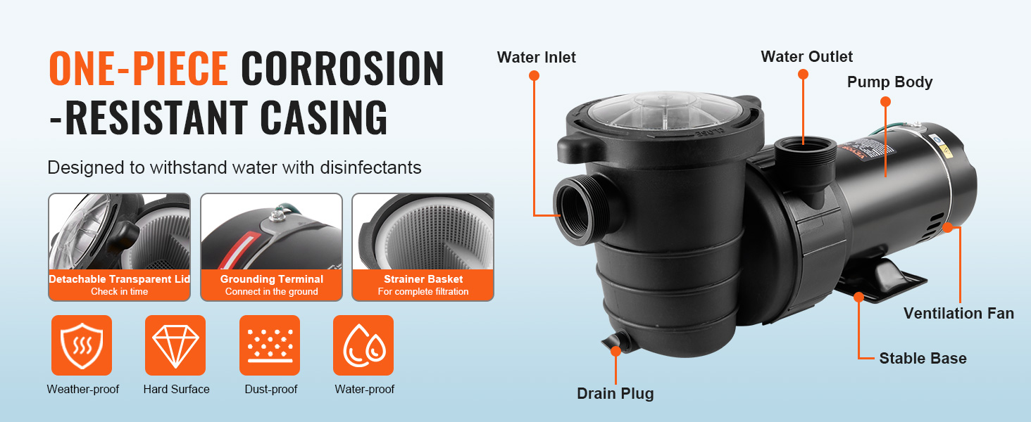 VEVOR Above Ground Pool Pump, 1HP, 80 GPM Max. Flow Single Speed ...