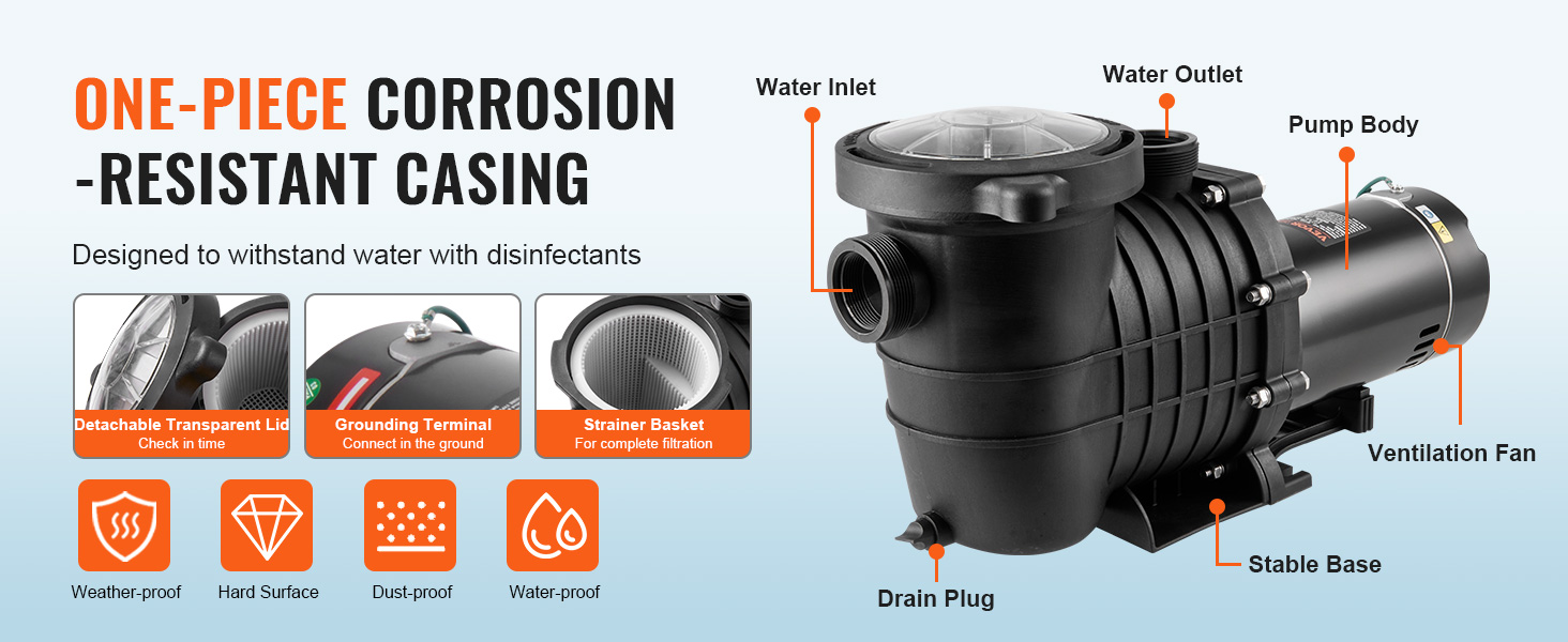 VEVOR Above Ground Pool Pump, 1.5 HP, 100 GPM Single Speed Swimming ...