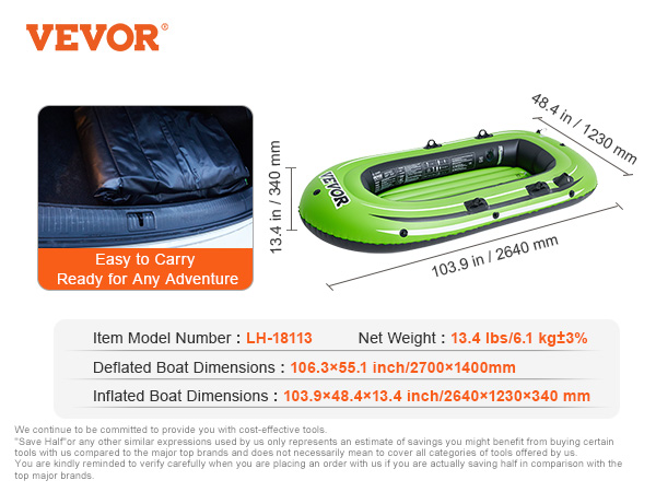 VEVOR Inflatable Boat, 3-Person Inflatable Fishing Boat, Strong PVC ...