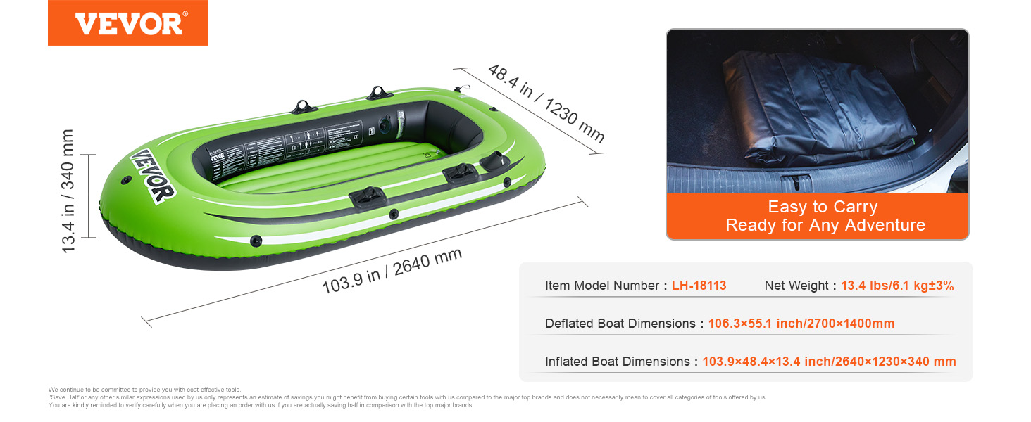 VEVOR Inflatable Boat, 3-Person Inflatable Fishing Boat, Strong PVC ...
