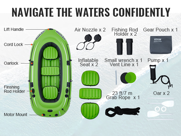 VEVOR Inflatable Boat, 3-Person Inflatable Fishing Boat, Strong PVC ...