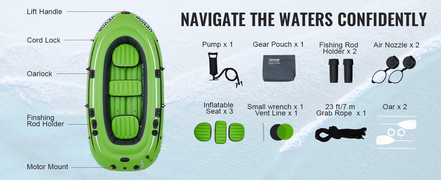 VEVOR Inflatable Boat, 3-Person Inflatable Fishing Boat, Strong PVC ...
