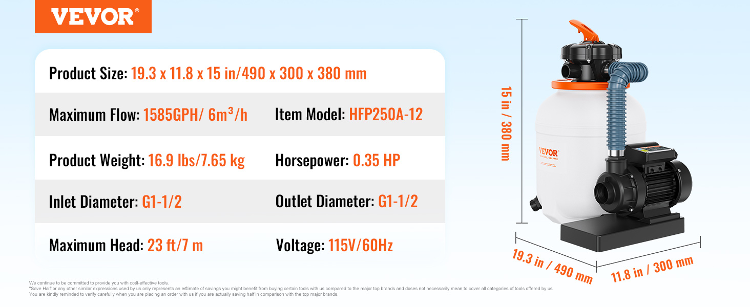 VEVOR Sand Filter Pump for Above Ground Pools, 12-inch, 1585 GPH, 0.35 ...