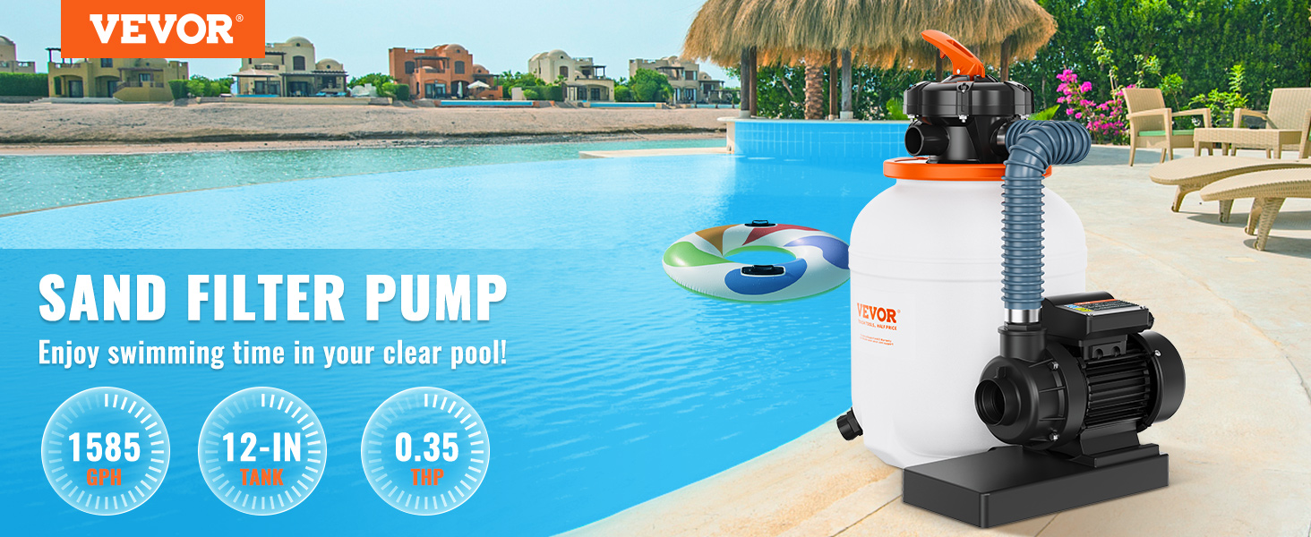 VEVOR Sand Filter Pump for Above Ground Pools, 12-inch, 1585 GPH, 0.35 ...