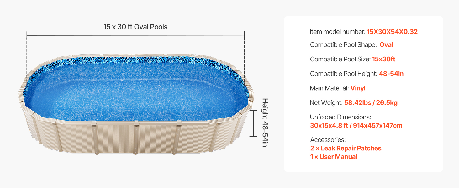 Oval Pool Liner 15x30ft Overlap Style Pool Liner 54in Wall Height ...