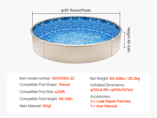 VEVOR Round Pool Liner 30ft Overlap Style Pool Liner 54in Wall Height ...