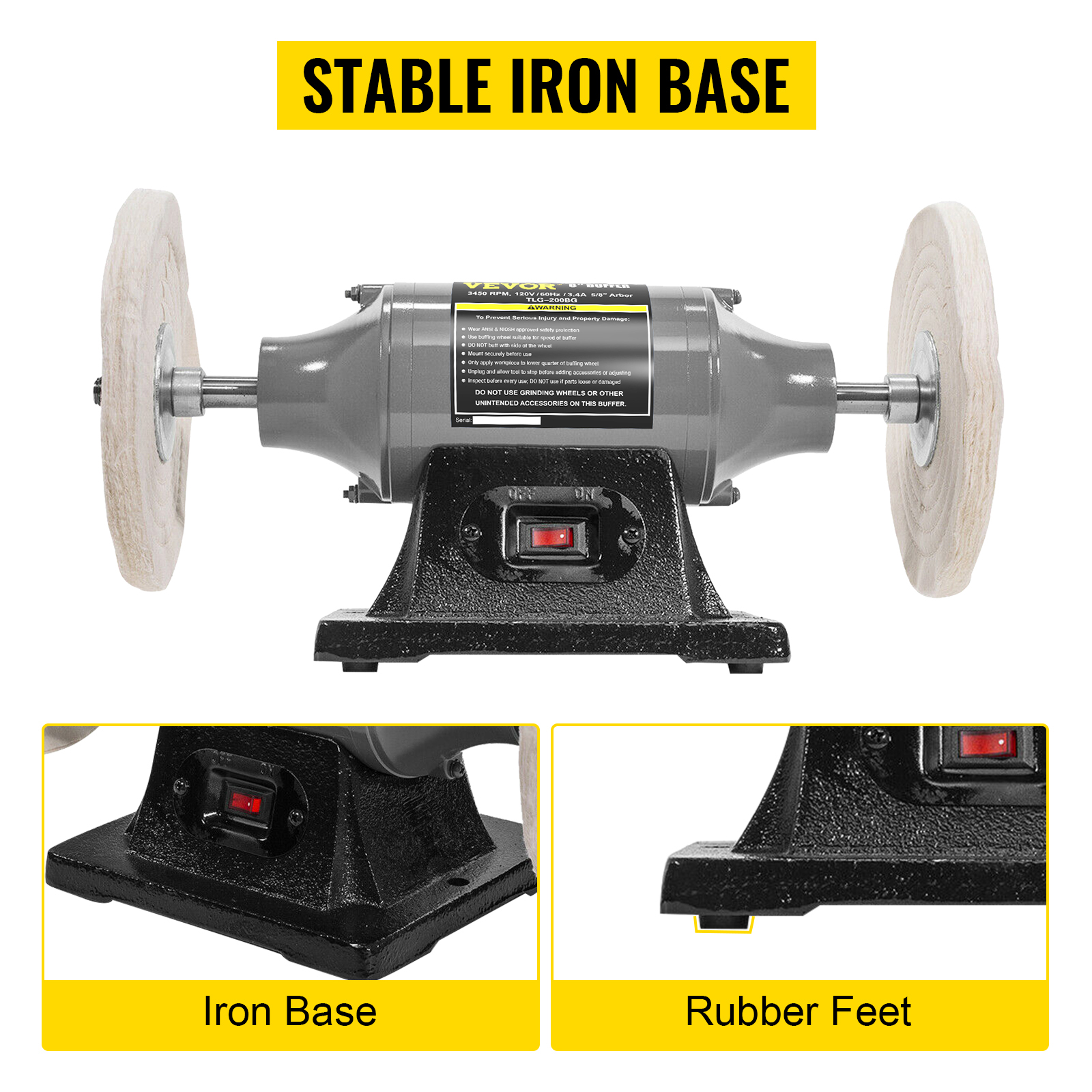 VEVOR Bench Buffer Polisher, 8 inch Buffing Machine 370W Motor with ...