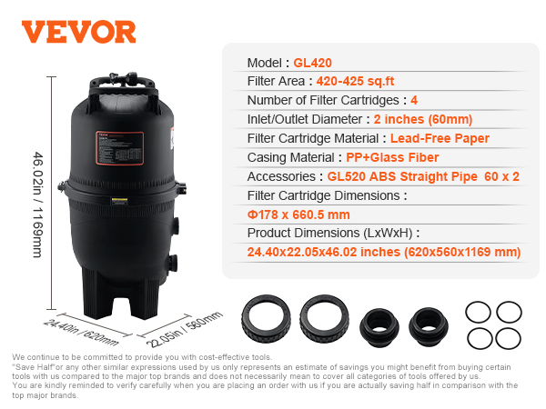 VEVOR Cartridge Pool Filter, 425Sq. Ft Filter Area Inground Pool Filter ...