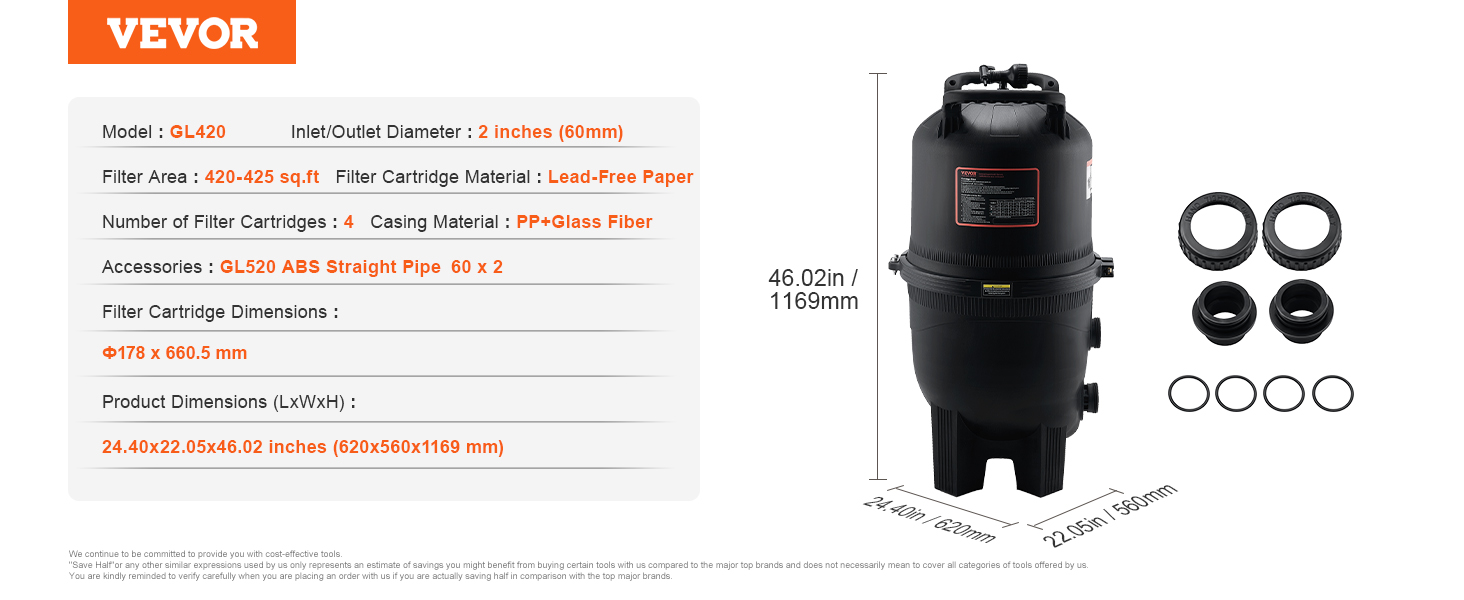 VEVOR Cartridge Pool Filter, 425Sq. Ft Filter Area Inground Pool Filter ...