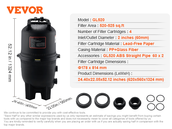 VEVOR Cartridge Pool Filter, 525Sq. Ft Filter Area Inground Pool Filter ...