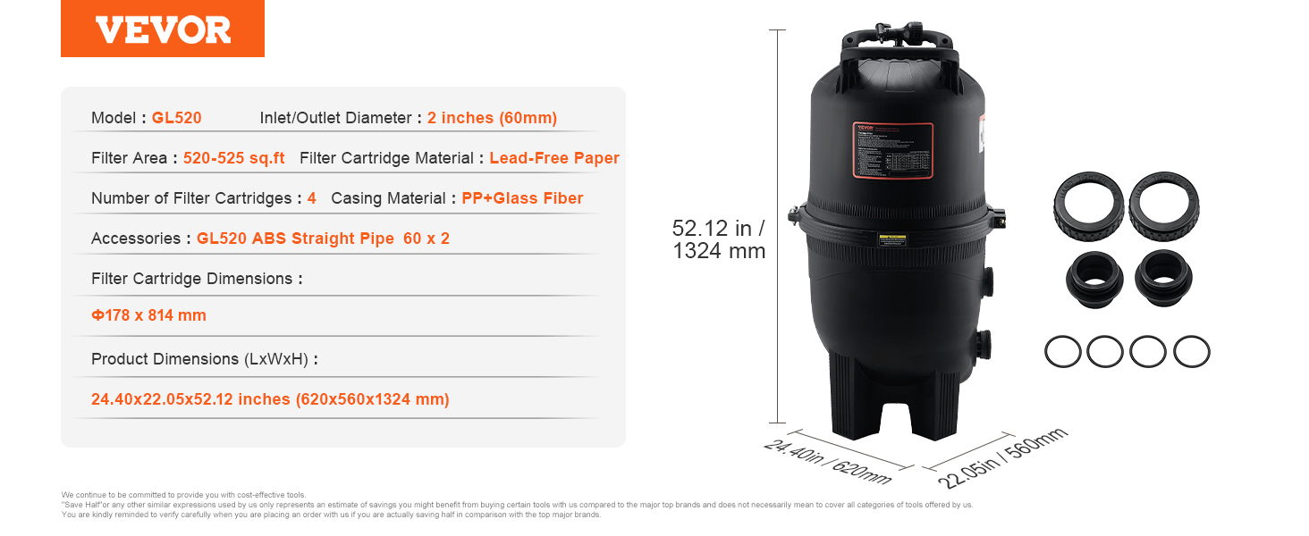VEVOR Cartridge Pool Filter, 525Sq. Ft Filter Area Inground Pool Filter ...