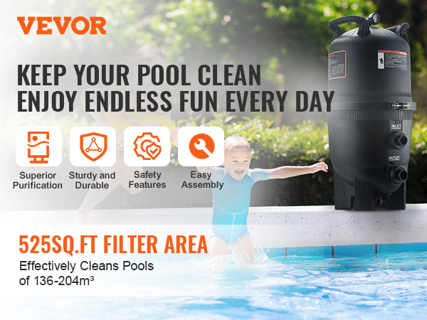 VEVOR Cartridge Pool Filter, 525Sq. Ft Filter Area Inground Pool Filter ...