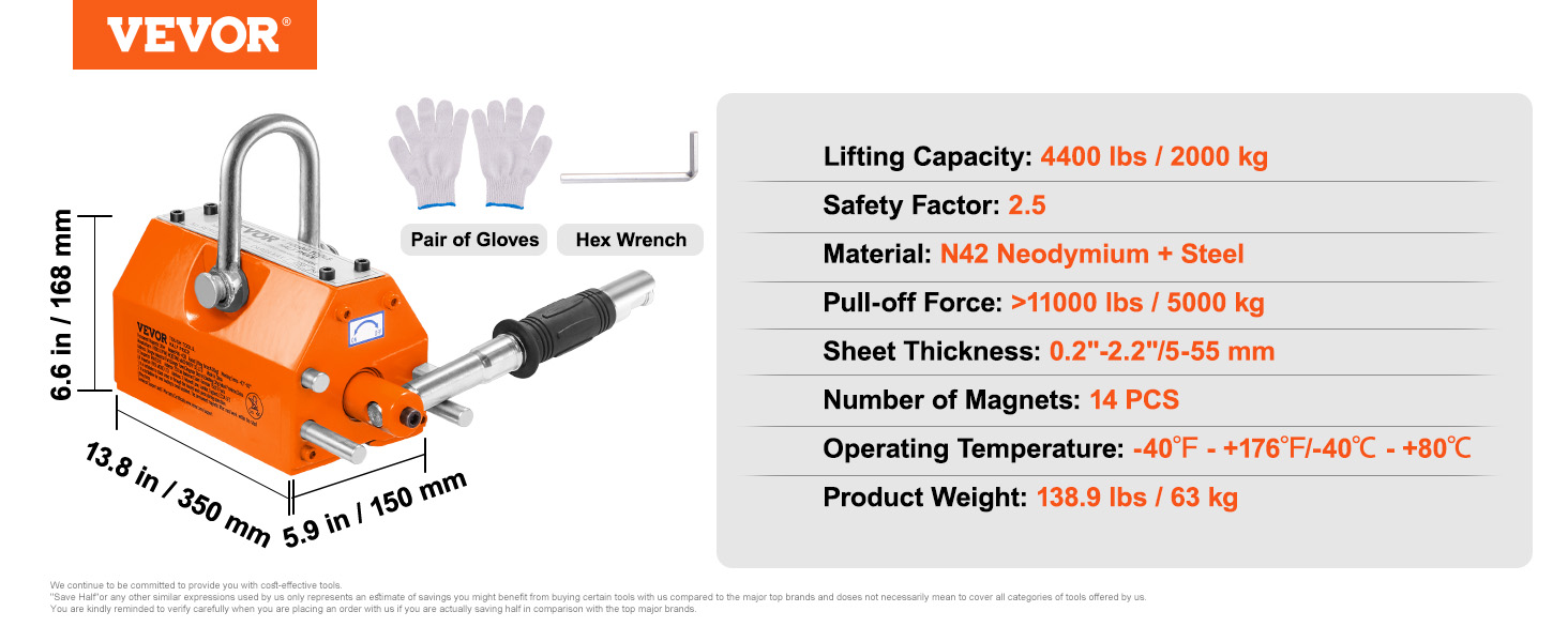 VEVOR Magnetic Lifter, 4400lbs/2000kg Pulling Capacity, 2.5 Safety ...