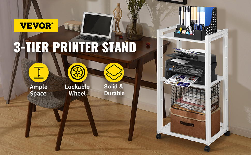 VEVOR Printer Stand, 3-Tier Rolling Printer Cart, Adjustable Storage ...