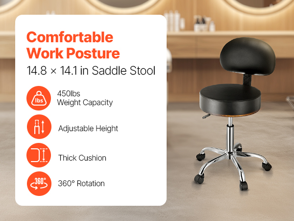VEVOR Round Rolling Stool Swivel Stool with Backrest Height Adjustable ...