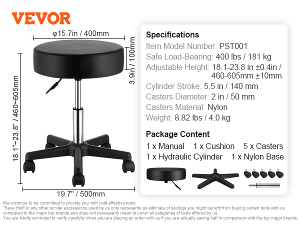 VEVOR Rolling Stools with Wheels, 400 LBS Weight Capacity Adjustable ...