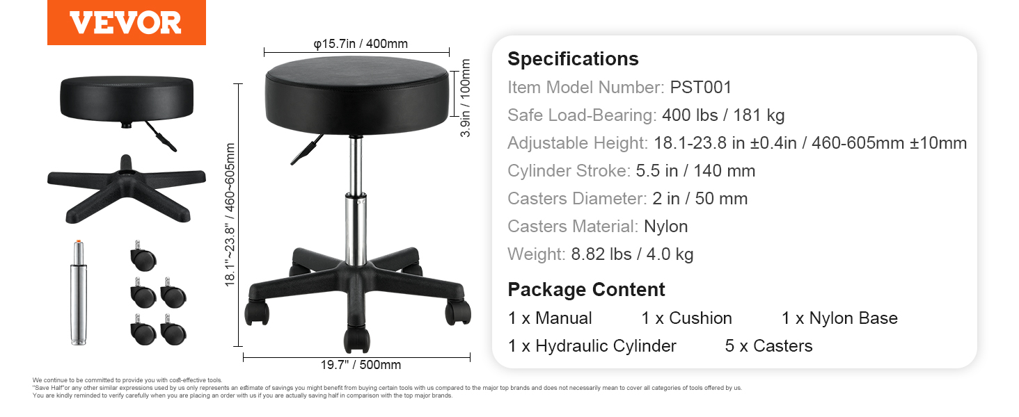 VEVOR Rolling Stools with Wheels, 400 LBS Weight Capacity Adjustable ...