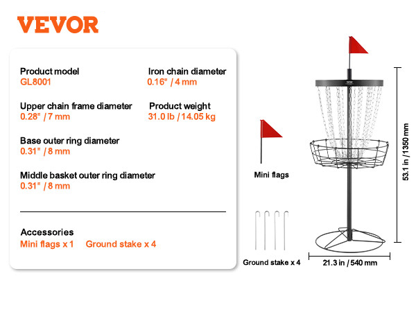 VEVOR Disc Golf Basket, 24-Chains Portable Disc Golf Target Hole, Heavy ...