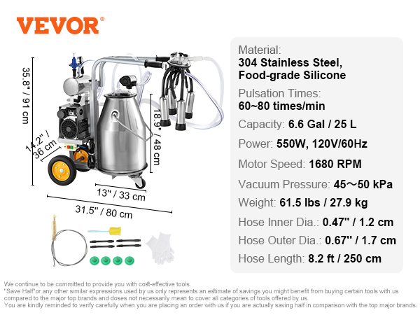 VEVOR Electric Cow Milking Machine Milking Equipment 25L 304 Stainless ...