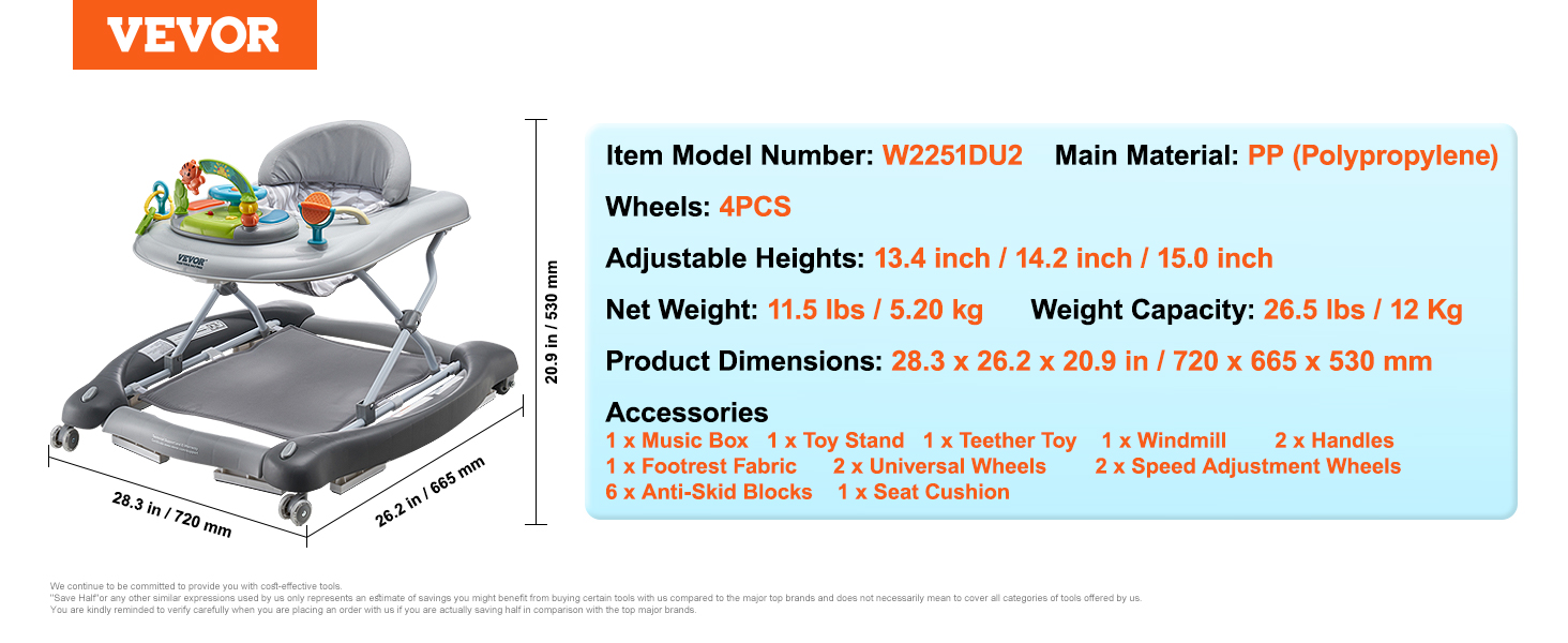 VEVOR 4-in-1 Baby Walker, Foldable Baby Activity Center on Wheels, 3 ...