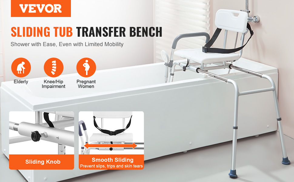 VEVOR Sliding Tub Transfer Bench Shower Chair & Cut-Out Seat Reversible ...