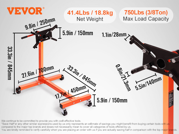 VEVOR Engine Stand, 750 lbs (3/8 Ton) Rotating Engine Motor Stand with ...