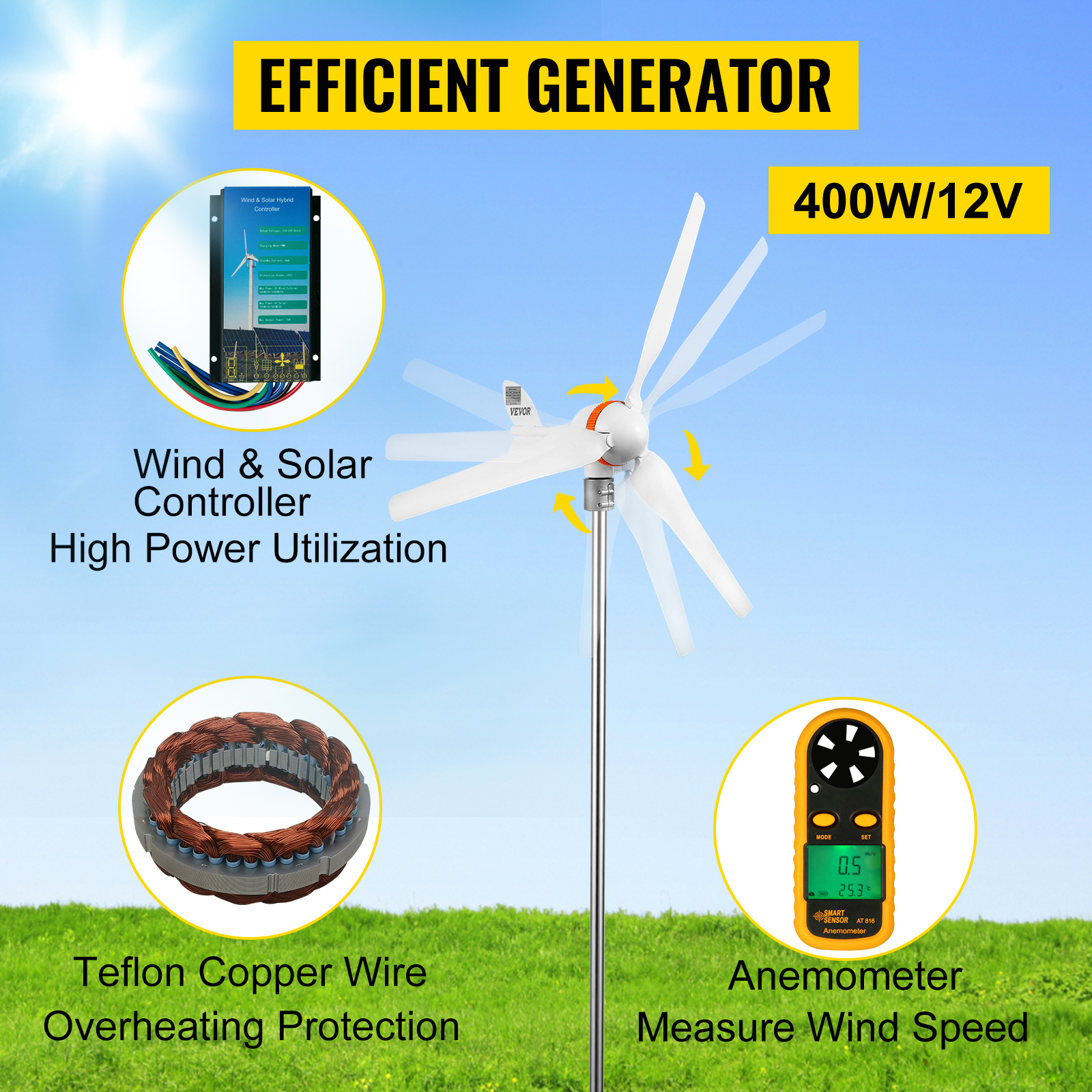 VEVOR Wind Turbine Generator, 12V/AC Wind Turbine Kit, 400W Wind Power ...
