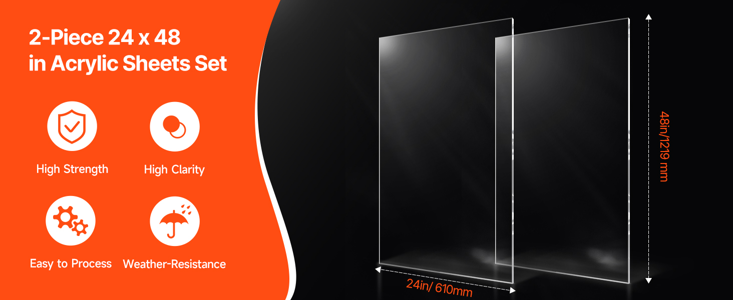 VEVOR Plexiglass Acrylic Sheets, 2-Pack Plastic Sheet, 24 x 48 Inch 1/8 ...