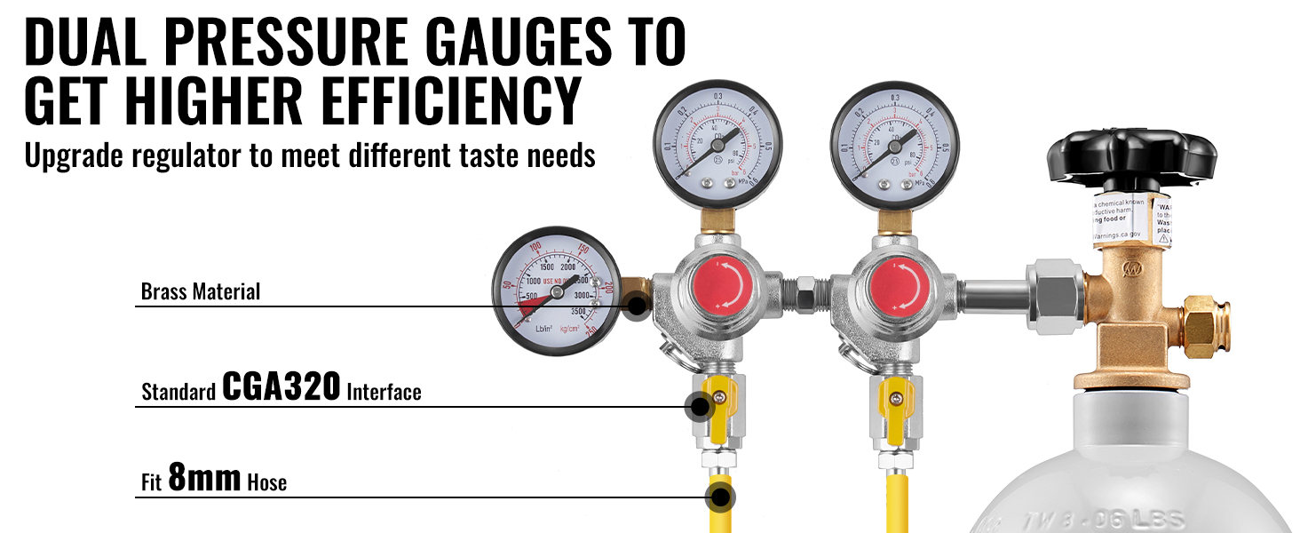 VEVOR Triple Gauge Regulator, CO2 Regulator Gauge with 0-60PSI, Heavy ...