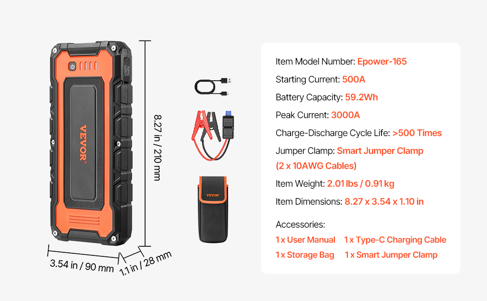 VEVOR Jump Starter 3000A 59.2Wh Lithium Booster Jumper Box Portable ...