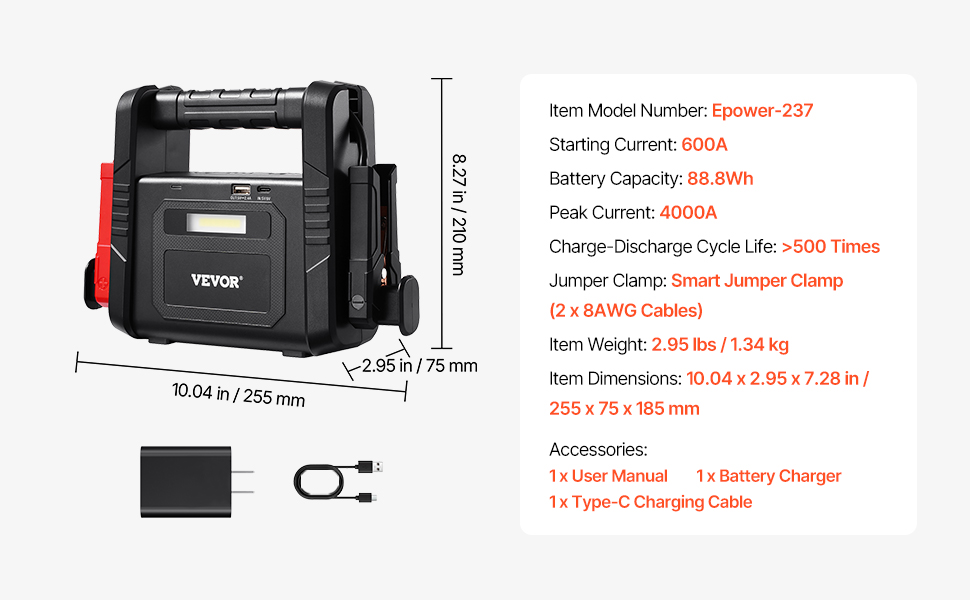 VEVOR Jump Starter 4000A 88.8Wh Lithium Booster Jumper Box Portable ...