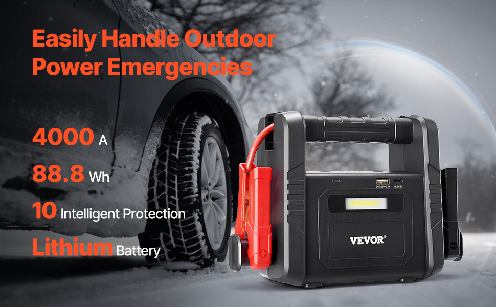 VEVOR Jump Starter 4000A 88.8Wh Lithium Booster Jumper Box Portable ...