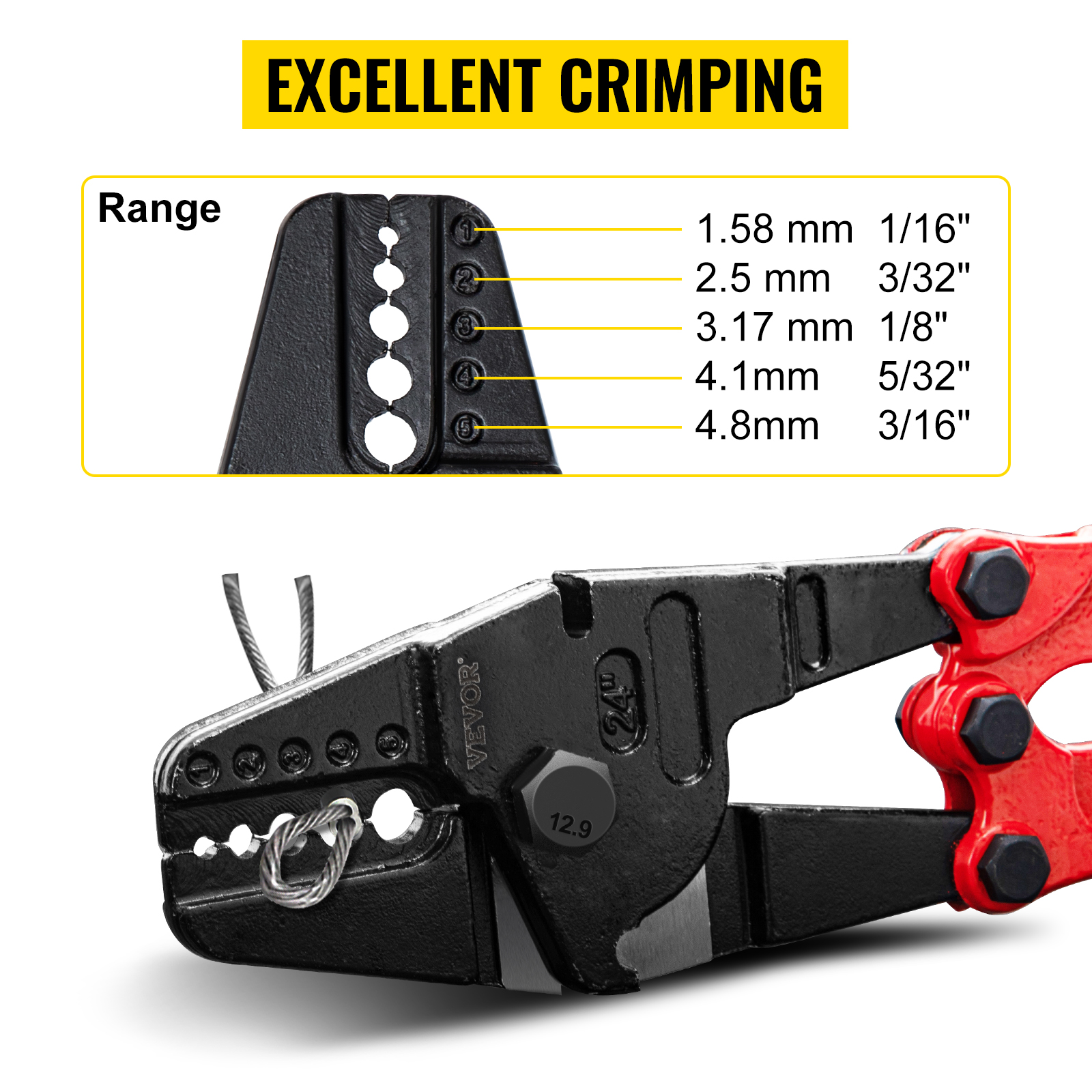 VEVOR Hand Swager Crimper 24 Inch,Swaging Tool 5 Cavity 1/16" 3/32" 1/8 ...
