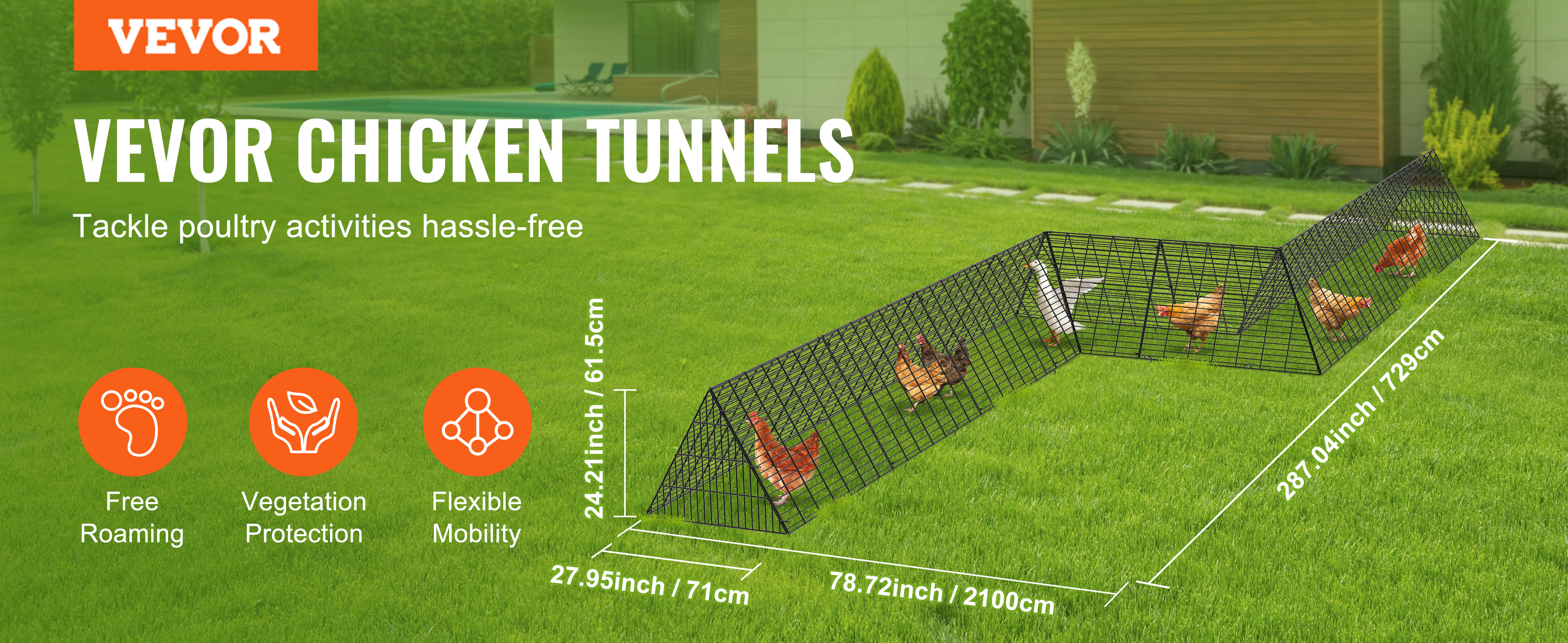 VEVOR Chicken Tunnels, 729 x 200 x 61.5cm(LxWxH) Chicken Tunnels for ...