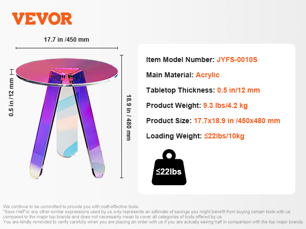 VEVOR Round Iridescent Side Table, Acrylic End Table, Clear Rainbow ...