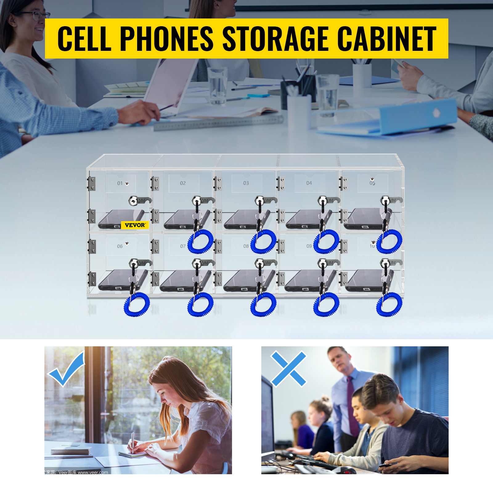 Úložná skříňka na mobilní telefon VEVOR, 10 slotů z akrylového ...