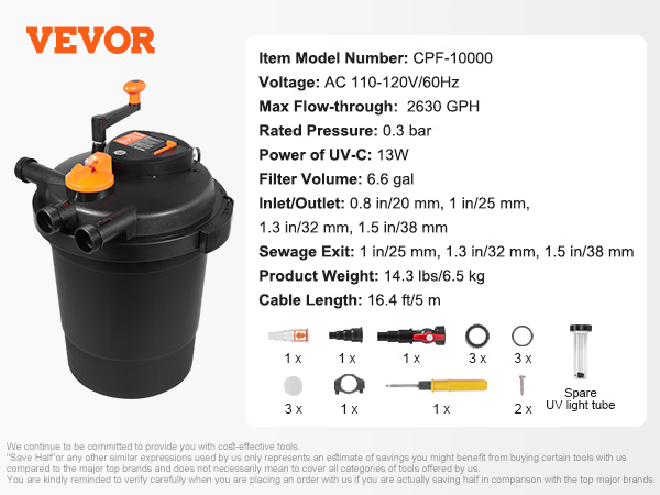 VEVOR Bio Pressure Pond Filter, Up to 3200 Gallons, with 13W UV-C Light ...