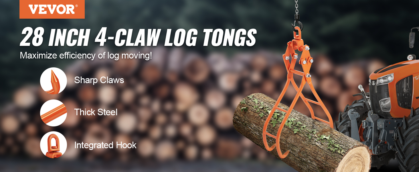 VEVOR Timber Claw Hook, 28 inch 4 Claw Log Grapple for Logging Tongs ...