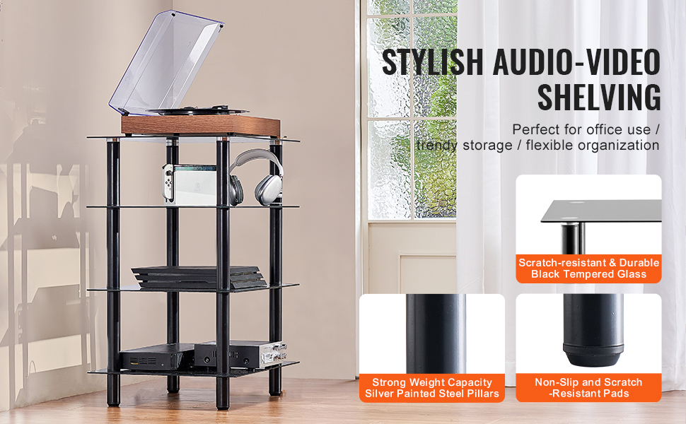VEVOR 4-Tier AV Media Stand Strengthened Tempered Glass Audio-Video ...