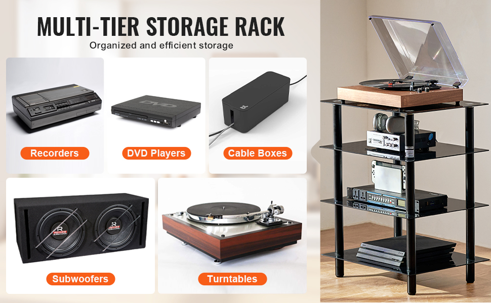 VEVOR 4-Tier AV Media Stand Strengthened Tempered Glass Audio-Video ...
