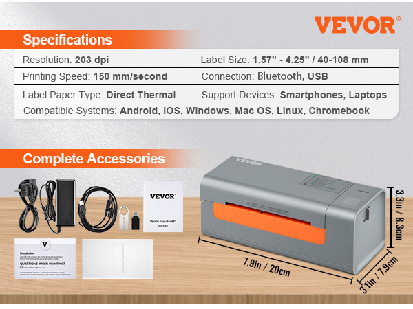 VEVOR Bluetooth Thermal Label Printer, Wireless Shipping Label Printer ...