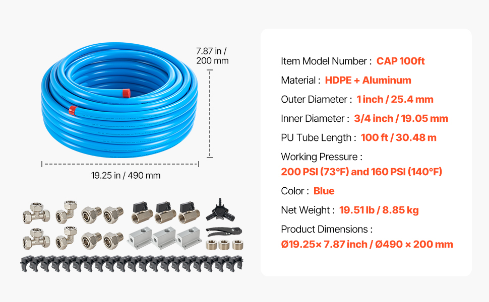 VEVOR Air Compressor Line Kit 3/4'' x 100FT HDPE/Aluminum Air Piping ...