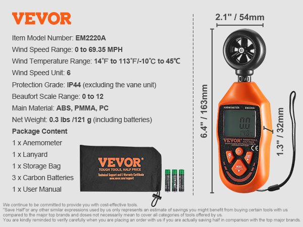 VEVOR Handheld Anemometer, 14℉-113℉, Digital Wind Speed Meter Gauge ...