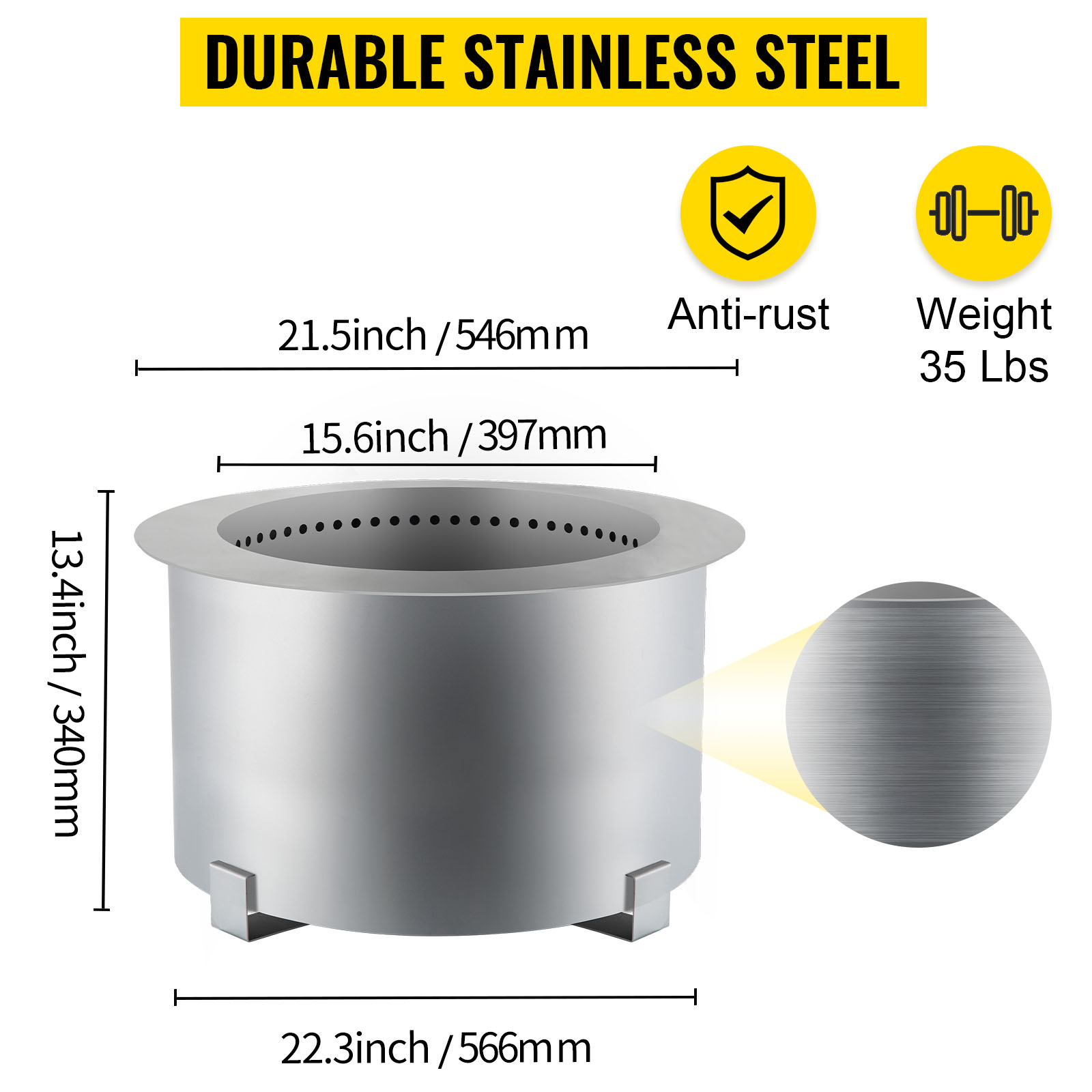 VEVOR Smokeless Fire Pit, 21.5 inch Outer Diameter / 15.6 Inner ...