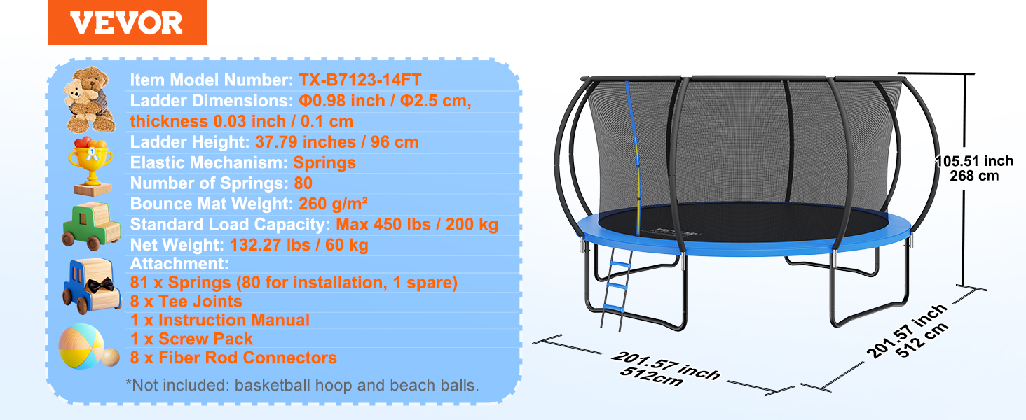 VEVOR 14FT Trampoline, 450 lbs Trampoline with Enclosure Net, Ladder ...